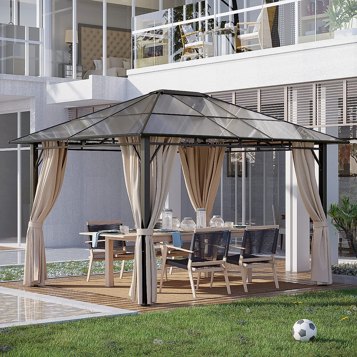 Outsunny 10' x 12' Hardtop Gazebo Canopy with Polycarbonate Roof, Aluminum Frame, Permanent Pavilion Outdoor Gazebo with Netting, for Patio, Garden, Backyard, Deck, Lawn, Dark Brown, Off-White