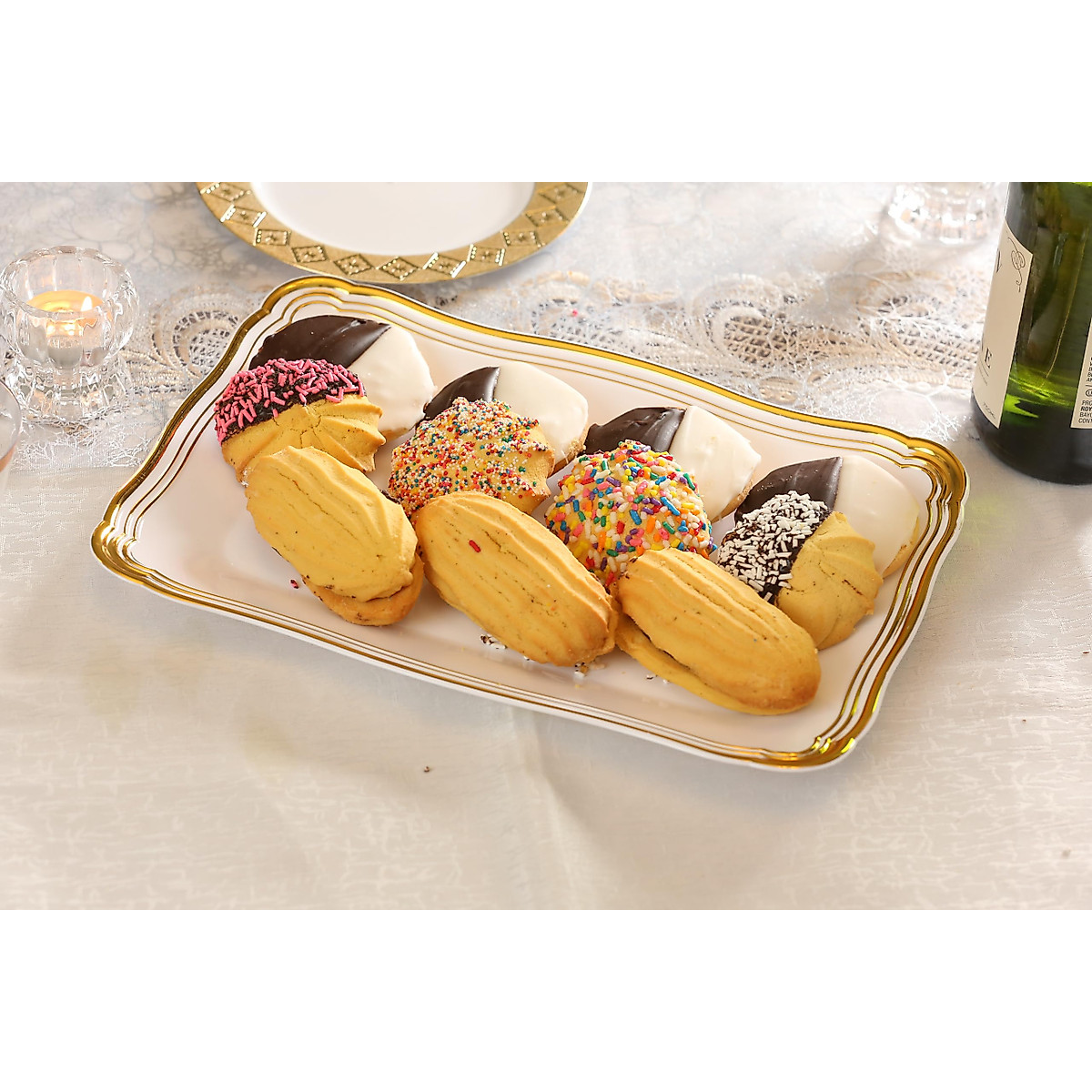 Posh Setting Plastic Serving Tray White Plastic Tray with Gold Rim Border, Disposable Serving Trays Heavyweight Serving platters and Trays 9"x13" Appetizer Tray [6 Pack]