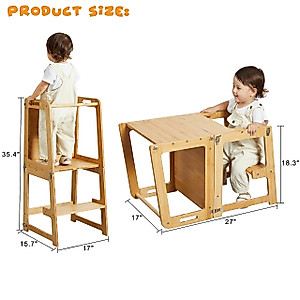 4-in-1 Standing Tower for Toddlers and Kids 1-6 Years, Bamboo Kitchen Learning Helper Stool with Chalkboard, Desk Table, and Chair (Natural)