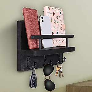 BIGLUFU Key Holder for Wall Key Hooks Rustic, Mail Shelf Organizer Wall Mount, Decorative Wooden Rack with Double Thick Hooks Home Decor for Entryway,Storage, Living Room,Kitchen(1 Pc Black)