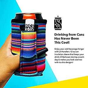Lit Handlers Soda Can Handle - 12oz Can Cooler Sleeves Neoprene Material for Beer & Other Drinks -Bottle Insulator for Office, Gym, & Beach - Reusable Beverage Holder w/Handle (Black w/Leopard)
