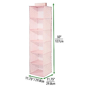 mDesign Fabric Hanging Organizer - Over Closet Rod Storage with 6 Shelves for Baby Nursery Bedroom Organization - Hold Clothes, Linens, Toys, Accessories - 2 Pack, Pink/White Polka Dot
