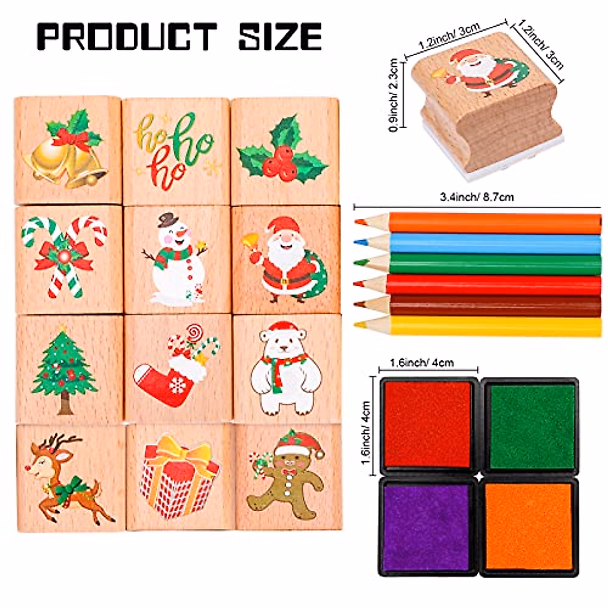 Zayvor Christmas Stamps Set, Wooden Rubber Stamp with Ink Pad Colored Pencil, Holiday Square Craft Stamp for Stamping Scrapbooking Crafting Booking Card Making Stocking Filler,Christmas Favor Gift