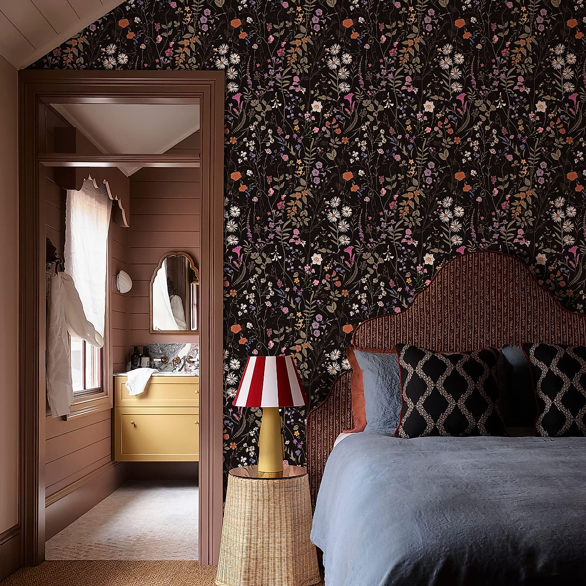 Wallpaper Self-Adhesive Blooming Vintage Colourful Flowers WallPaper for Bedroom Living Room Cabinet, Peel and Stick Beige Sketch Little Flowers Wallpaper Mural 14.2 sq. feet (118.1"x17.3", Black)