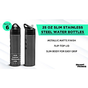 DISCOUNT PROMOS Custom Slim Stainless Steel Water Bottles 25 oz, 6 pack, Personalized Text, Logo, Reusable Gym Sports Bulk Pack, Charcoal