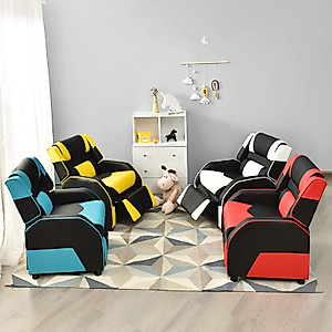 Costzon Kids Recliner, Gaming Recliner Chair w/Footrest, Headrest & Lumbar Support, Ergonomic Leather Lounge Chair for Living & Gaming Room, Adjustable Racing Style Sofa for Children Boys Girls, Blue