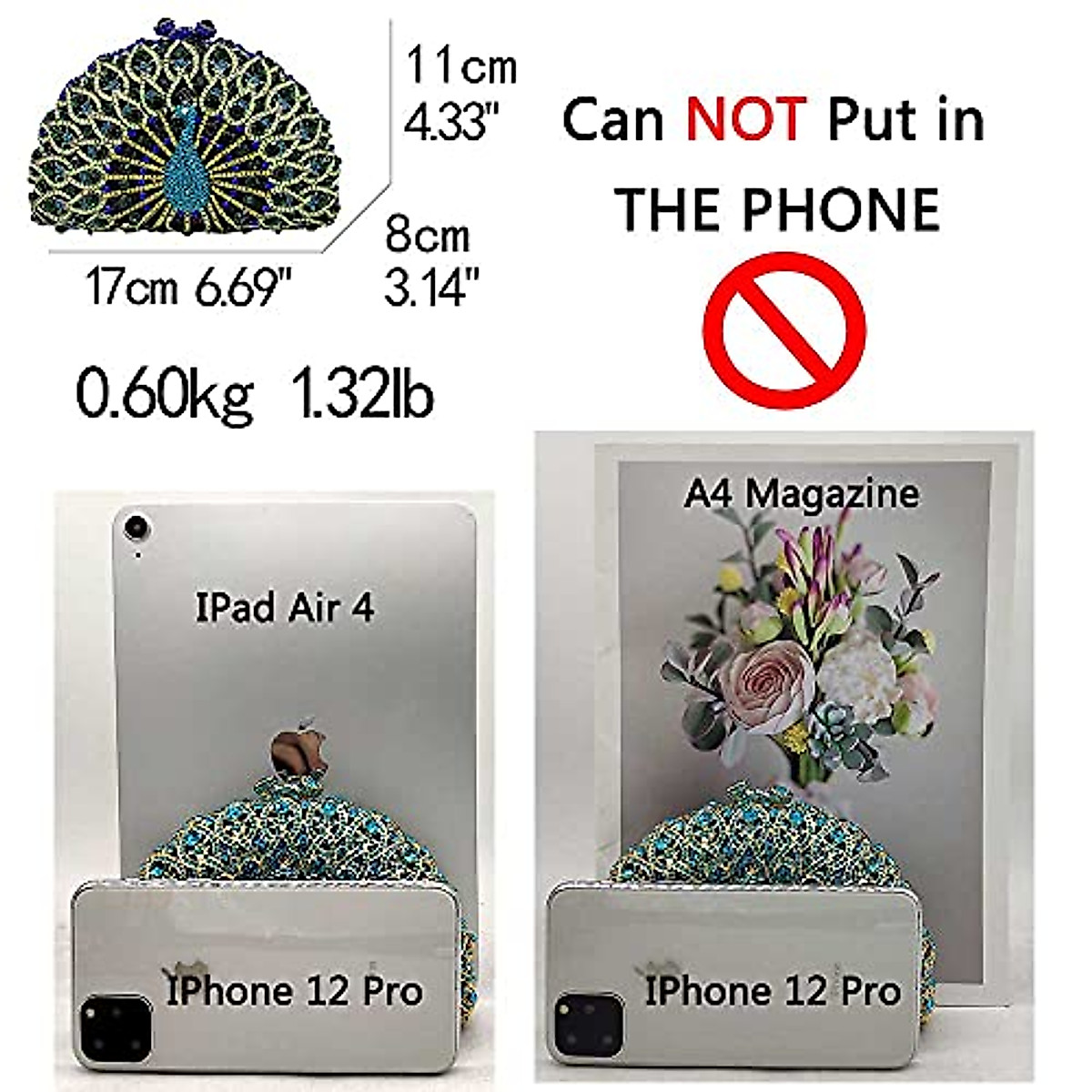 Boutique De FGG Elegant Crystal Clutches For Women Peacock Clutch Bag Evening Purses and Handbags (Small, Pink)