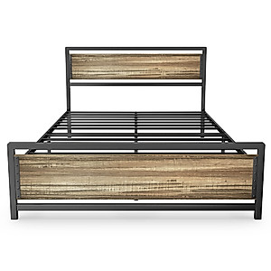 Gizoon Queen Metal Platform Bed with Wooden Headboard, 15 Inch Iron Slats, Large Under-Bed Storage, No Noise, No Box Spring Needed, Easy Assembly, Grey