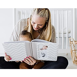 Pearhead Baby Memory Book, First 5 Years Baby Milestone Book, Pregnancy Journal, Newborn Baby Girl or Baby Boy Keepsake, With Clean-Touch Ink Pad For Baby's Handprint or Footprint, Gray Chevron