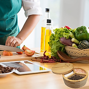 JUSTEMI Bamboo Salt and Pepper Box, 3 Compartment Salt and Pepper Cellar, Salt and Pepper Bowls With Lid and Spoon,Spice Condiment Holder for Kitchen