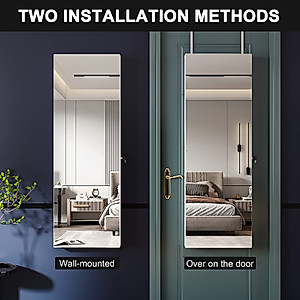 FREDEES LED Jewelry Mirror Cabinet with 42.52" Tall Door Mirror,Lockable Wall Mounted Jewelry Organizer, Full Length Mirror Jewelry Cabinet,2 Small Storage Boxes (White)