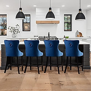 SICOTAS Bar Stools Set of 6 Stool Chair - Tufted Back Counter Stools for Kitchen Counter with Upholstered Velvet Cushion Barstools Nailhead Trim Wood Bar Height Chairs Stool for Pub Bistro 27.2'' Blue
