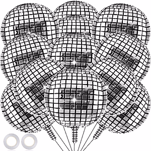 12 Pieces 22 Inch Large Silver Disco Ball Balloons Decorations Big 4D Sphere Disco Balloons for 70s 80s Disco Party Disco Ball Decor Bachelorette Bride Party Dancing Queen Party Decorations