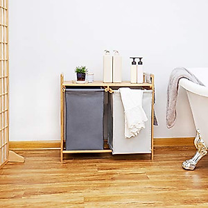 COMELLOW Bamboo Laundry Hamper and Shelf, 2 Sections Laundry Basket with Removable Liner, Dual Compartments Laundry Organizer and Storage, Wooden Laundry Sorter with Sliding Handles