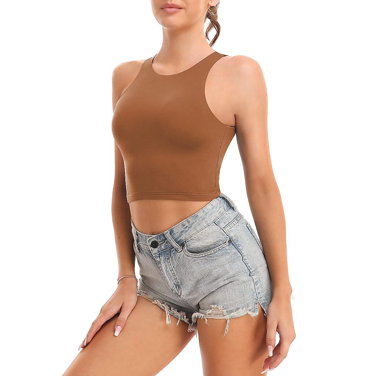 Yeawinta Crop Tank Top for Women Workout Shirts Cropped Tanks Sleeveless Gym Clothes Yoga High Neck Crop Top 2 Pack White/Brown M