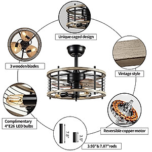 SHIHOT Caged Ceiling Fans with Lights and Remote, Farmhouse Rustic 20 Inch Fandelier Small Ceiling Fan with Light for Bedroom Kitchen Dining Living Room