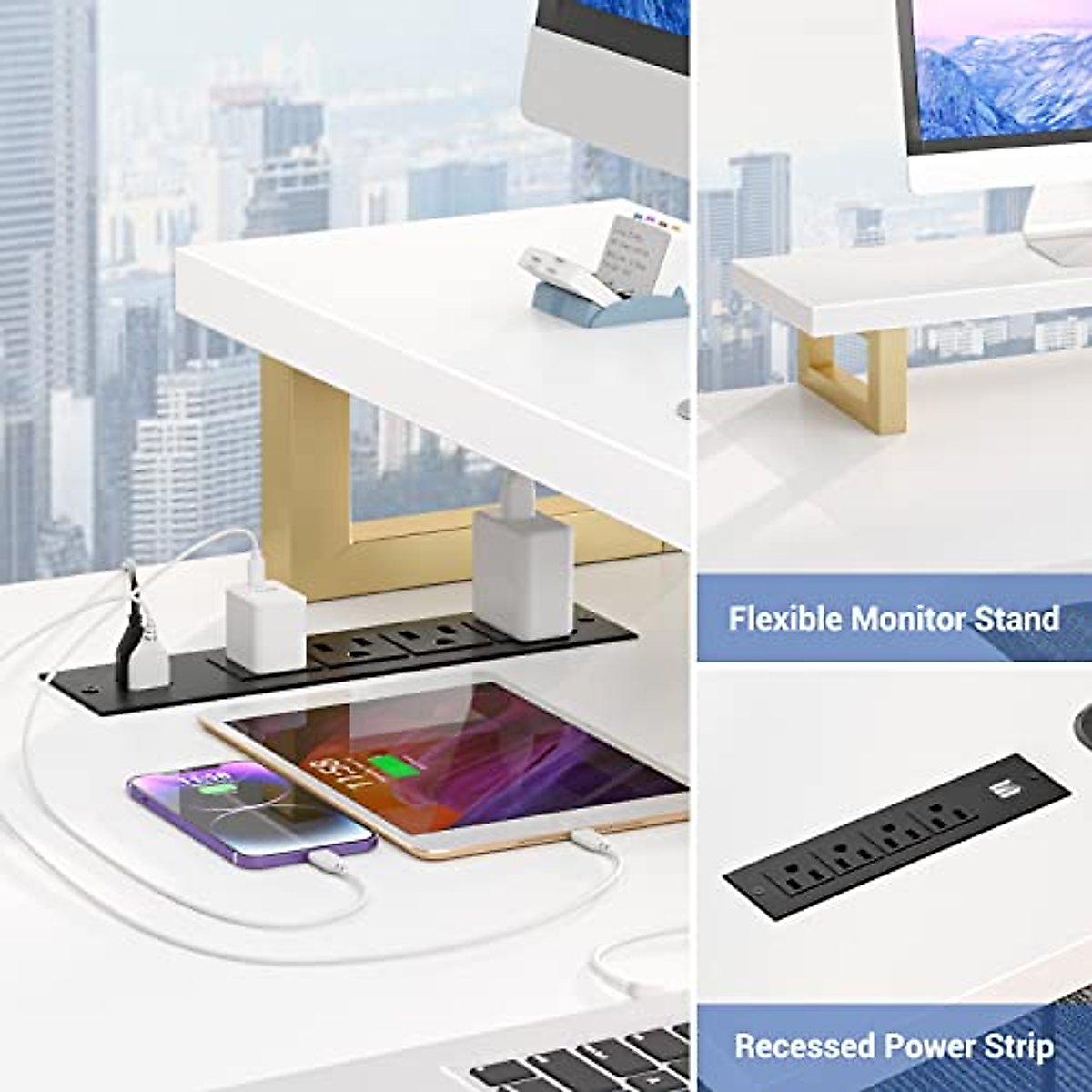 Unikito U Shaped Desk with LED Strip and Power Outlet, Reversible Large Corner Computer Desk with Monitor Stand and Storage Shelf, 83 Inch U Shape Office Desks, 2 Person L Shaped Gaming Table, White
