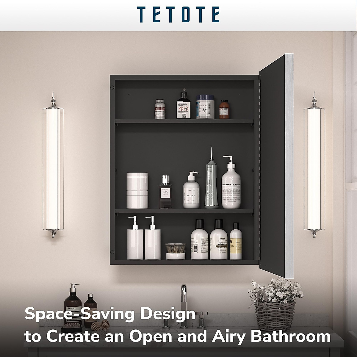 TETOTE Medicine Cabinet with Mirror 17 x 25 Inch Brushed Silver for Bathroom Aluminum Framed Surface or Recessed Wall-Mounted Medicine Cabinets Beveled Mirror with Storage 1 Door Modern Farmhouse