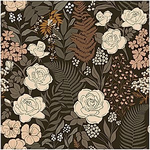 HAOKHOME Peel and Stick Wallpaper Floral Vintage Removable Rose Leaf Black/Brown/Beige Stick on Mural 17.7in x 6.6ft