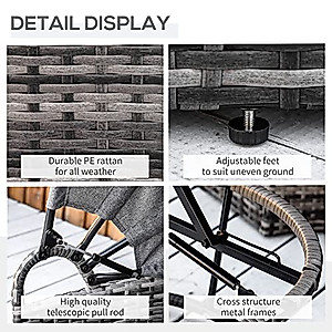 Outsunny 4pc Rattan Patio Furniture Set, Round Convertible Daybed or Sunbed, Adjustable Sun Canopy, Sectional Outdoor Sofa, 2 Chairs, Extending Tea Table, 3 Pillows, PE Plastic Wicker, Gray