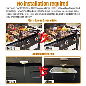 RUSFOL 3-in-1 Grease Catcher Pan with Stainless Steel Mesh Screen Grease Gate and 10 Pcs Aluminum Drip Pans Liner for 28"/36 Blackstone Griddles, Free from Drill&Easy Install BBQ Accessories
