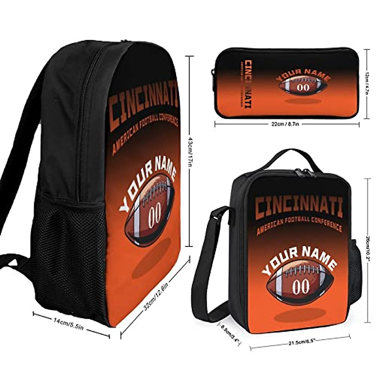 Quzeoxb Personalized Cincinnati Backpack Set with Name and Number - 3 Piece School Bag, Lunch Box and Pencil Case for Boys Girls Gifts