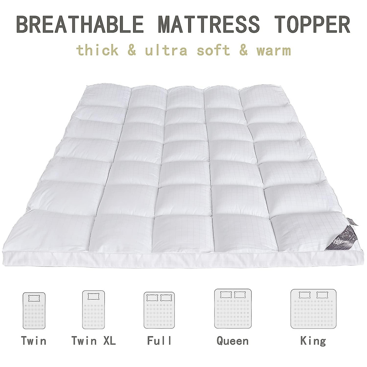 YZ HOMTEX Breathable Mattress Topper, Short Queen Size, Extra Thick Quilted Pillow Top, 2in Fluffy Down Alternative Fill, 400TC Cotton Cover, for Back Pain Relief and Support, White, 60"x75"