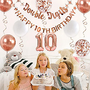Rose Gold Double Digits Happy 10th Birthday Banner Garland Foil Balloon 10 for Girls Boys 10th Birthday Decorations Hanging 10 and Fabulous Cheers to 10 Years Old Ten Birthday Party Supplies Backdrop