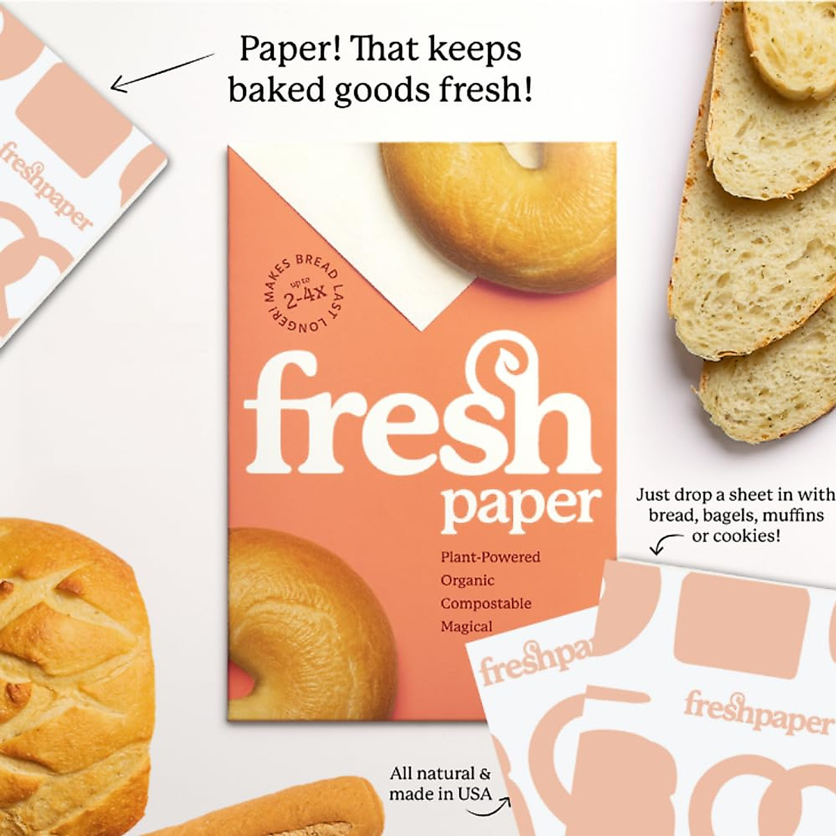 FRESHPAPER Keep Baked Goods Fresh, 16 Reusable Food Saver Sheets for Bread, Bagels, Muffins, Cookie Storage, Healthy Meal Prep, BPA Free, 2 (8 Sheet) Packs, Made in The USA