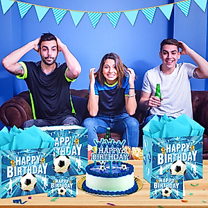 Soccer Birthday Gift Bag for Boys, Blue Soccer Wrapping Paper Favors Bags with Tissue Paper Card Large Soccer Ball Birthday Goodie Treat Bags for Sport Theme Baby Shower Party Decorations Supplies