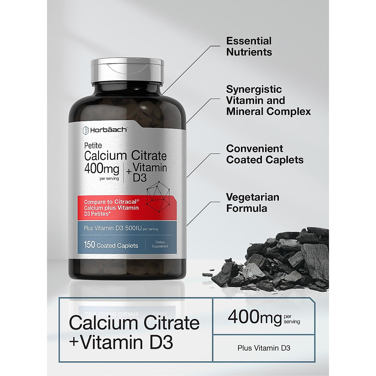 Horbäach Calcium Citrate with Vitamin D3 | 150 Petites | Vegetarian Supplement | Non-GMO, Gluten Free