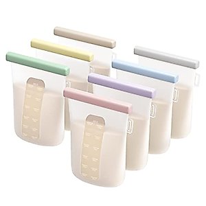 Nuliie 7 Pcs Reusable Silicone Breastmilk Storage Bags, 12oz/360ml Double Leak-Proof Breastmilk Freezer Bags, BPA Free Self-Standing Milk Bags for Breastfeeding, Baby Food Pouches