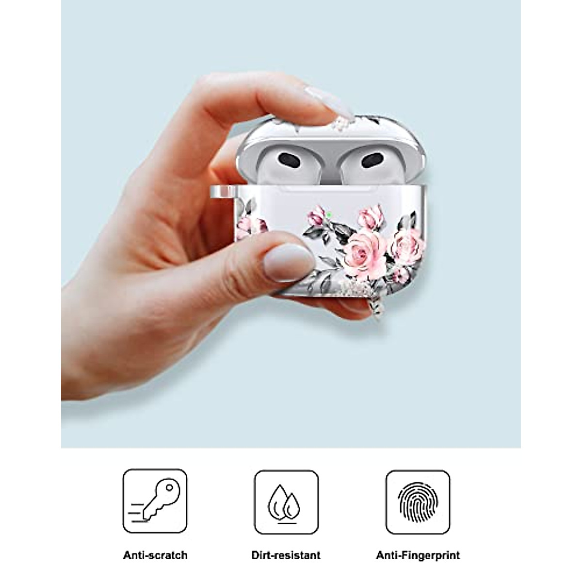 RXKEJI AirPods 3 Case Cover, Rose Flower Clear Case Cute Protective Soft Shockproof Cover with Keychain for Women Girls Compatible with AirPods 3rd Generation Case - Pink