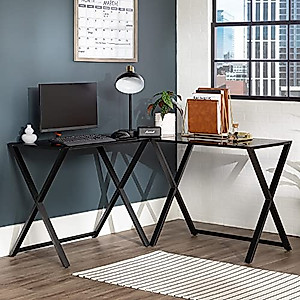 Walker Edison Wright Modern X Leg Glass Top Corner Gaming Desk, 51 Inch, Black