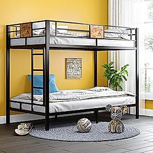 SHA CERLIN Bunk Bed Twin Over Twin Size with Ladder and Full-Length Guardrail, Metal, Storage Space, No Box Spring Needed, Noise Free, Black