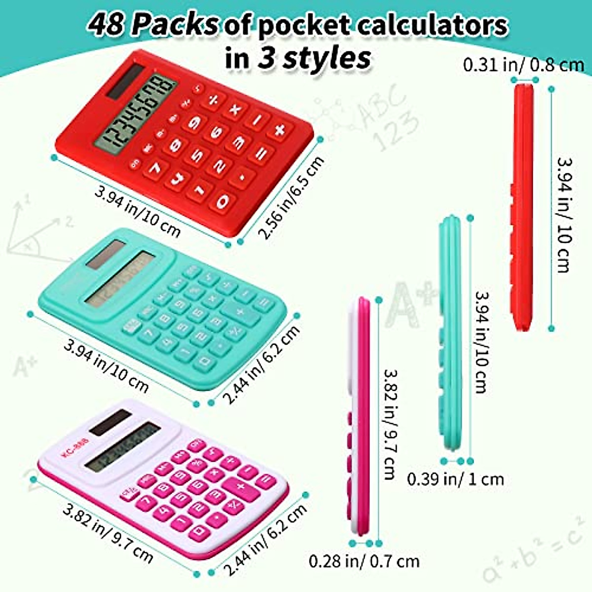 48 Pcs Pocket Calculator Small Basic Standard Battery Powered Calculator Mini Colored 8 Digit Handheld 4 Function Calculator for Students Kids School Teacher Desktop Home Office, 3 Designs