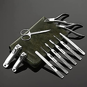 FAMILIFE Manicure Set, Nail Kit 11 in 1 Gifts for Men him Pedicure Kit Stainless Steel Mens Manicure Kit Professional Leather Pedicure Tools Mens Grooming Kit with Dark Green Travel Case Nail Clippers
