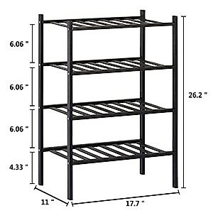 Trenect Shoe Rack for Entryway Closet 4 Tier Narrow Shoe Rack Stackable Organizer Storage Bamboo Shoe Rack Vertical Small Shoe Rack Shelf Free Standing Shoe Racks 11 * 17.7 * 26.2 Inches (Black)