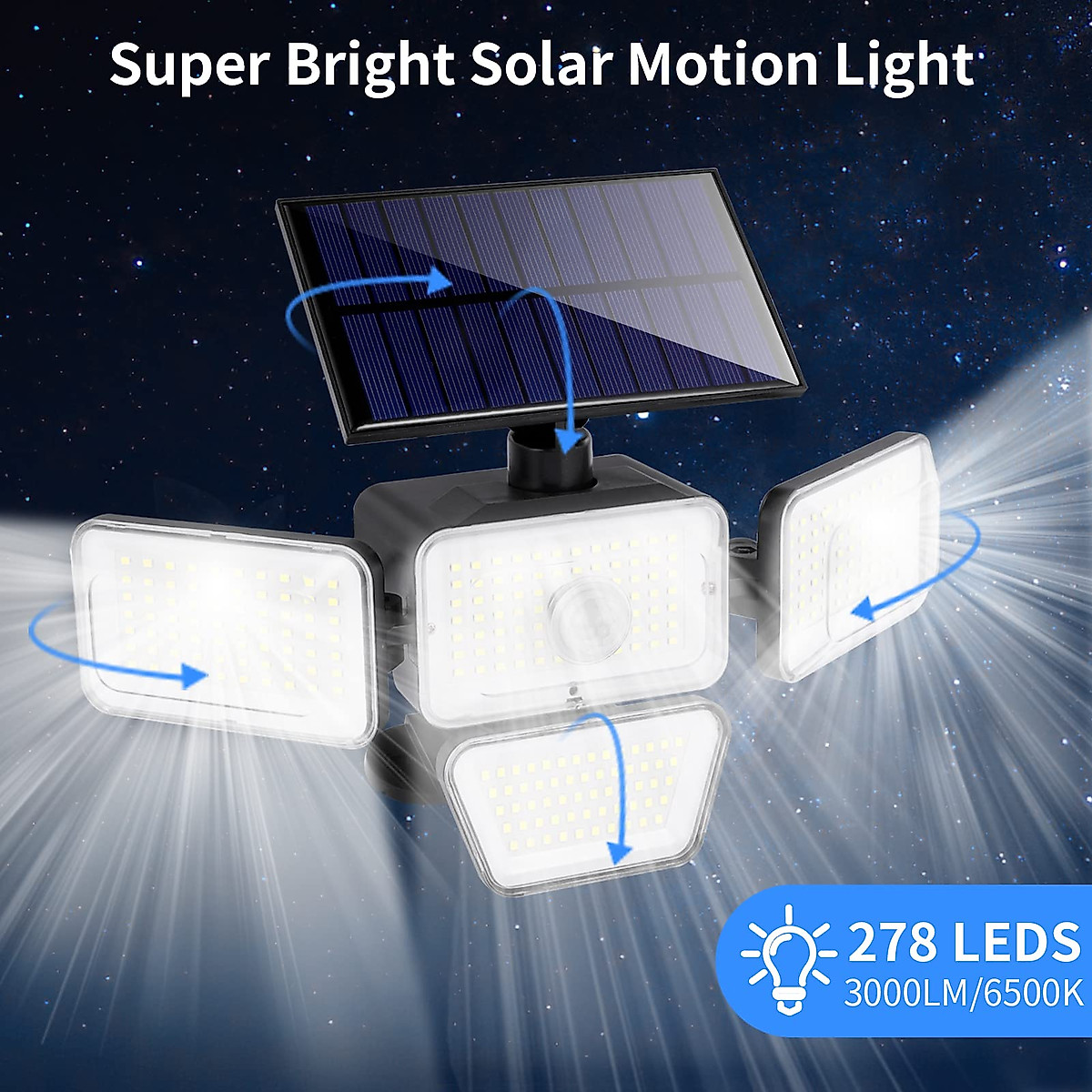 Solar Motion Sensor Lights, 278 LED 4 Heads Outdoor Solar Lights Motion Sensor with Remote Control IP65 Waterproof LED Solar Flood Lights Outdoor Wall Lights Security Lights for Garage Yard Patio