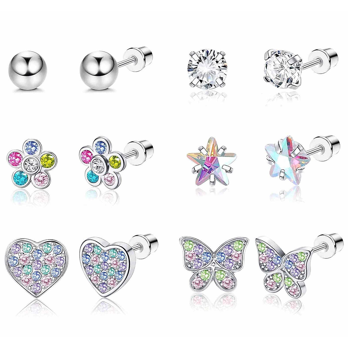 Jstyle 6 Pairs Hypoallergenic Screw Back Earrings for Women 316L Stainless Steel Stud Screwback Earrings Cute Tiny Pearl Heart Flower CZ Stud Earrings Set Multicolored Tone