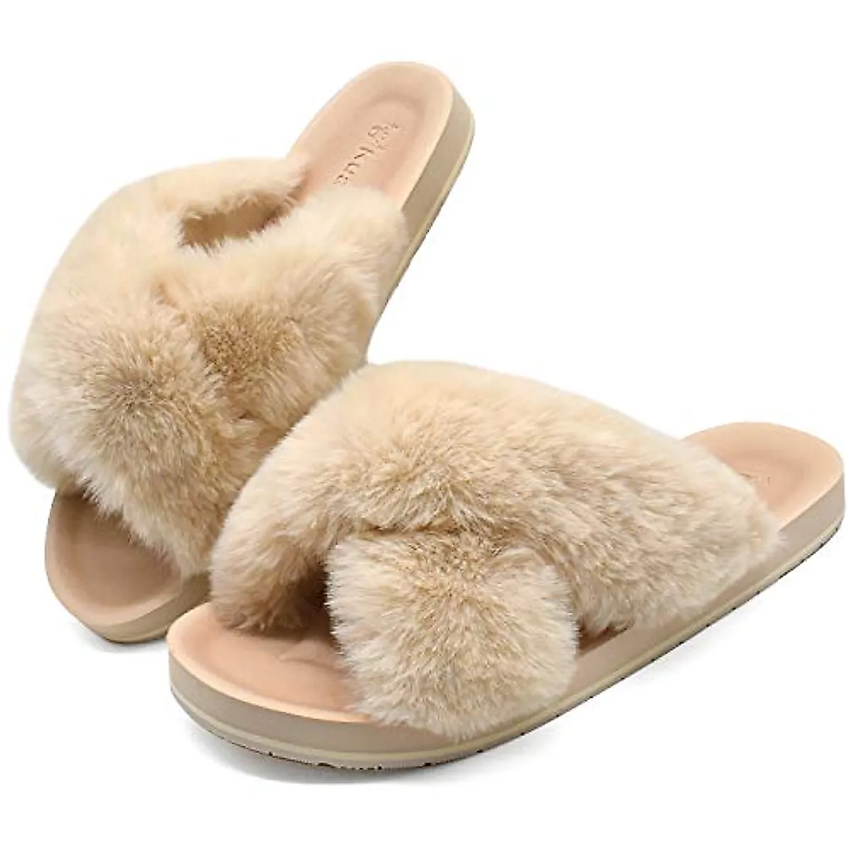 KuaiLu Womens furry ladies slides Open Toe Slippers cozy Lightweight Soft Yoga Mat Cross Band Slippers fluffy warm Slippers