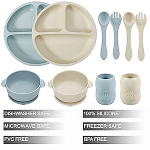 PandaEar Silicone Baby Feeding Set| 2 Divided Suction Plate + 2 Suction Bowl + 2 Tiny Cup with 2 Spoons| Baby Led Weaning Supplies Self Feeding Utensils