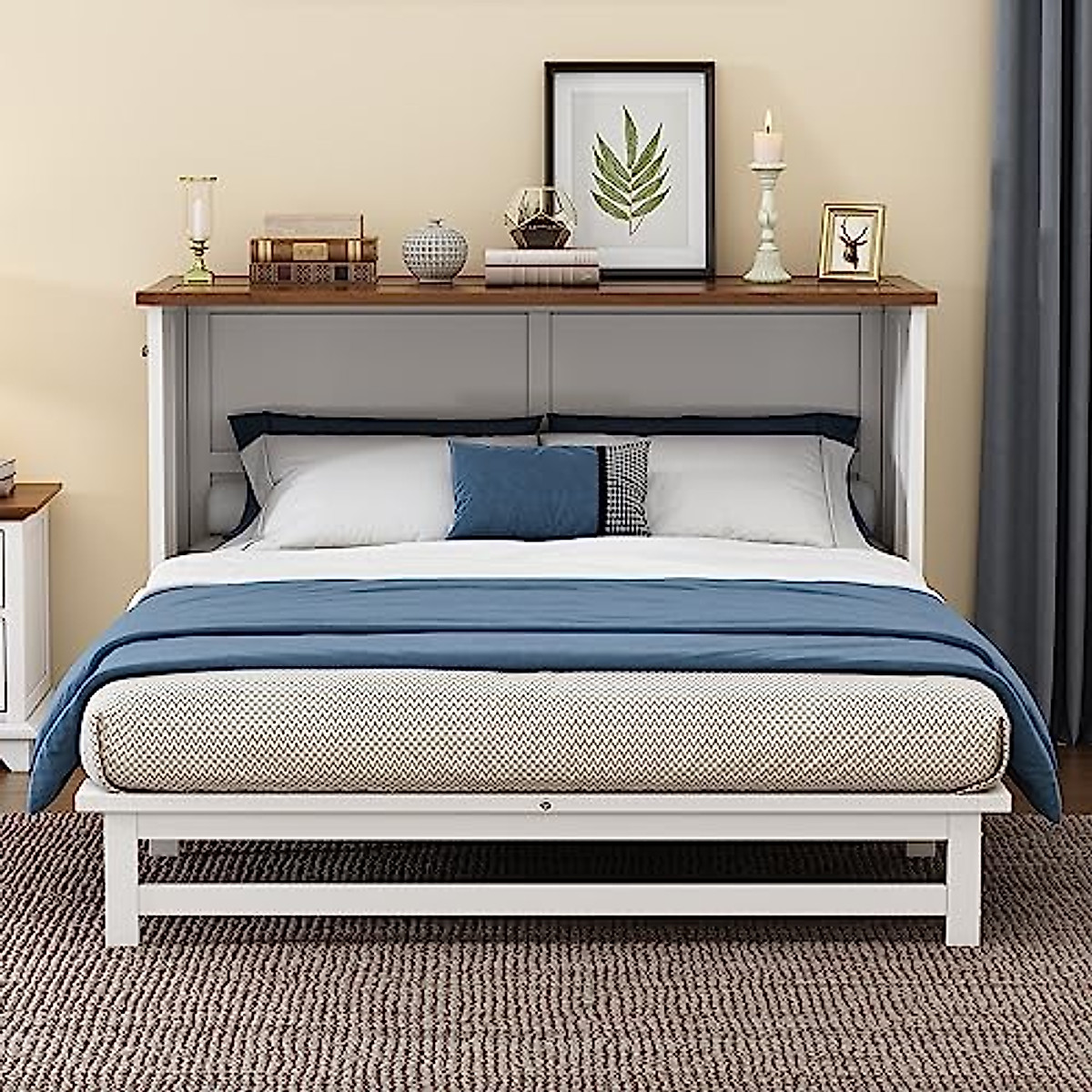 Queen Size Solid Pine Murphy Bed Chest with Charging Station and Large Storage Drawe,Folding Feature Perfect for Home Office or Small Room.