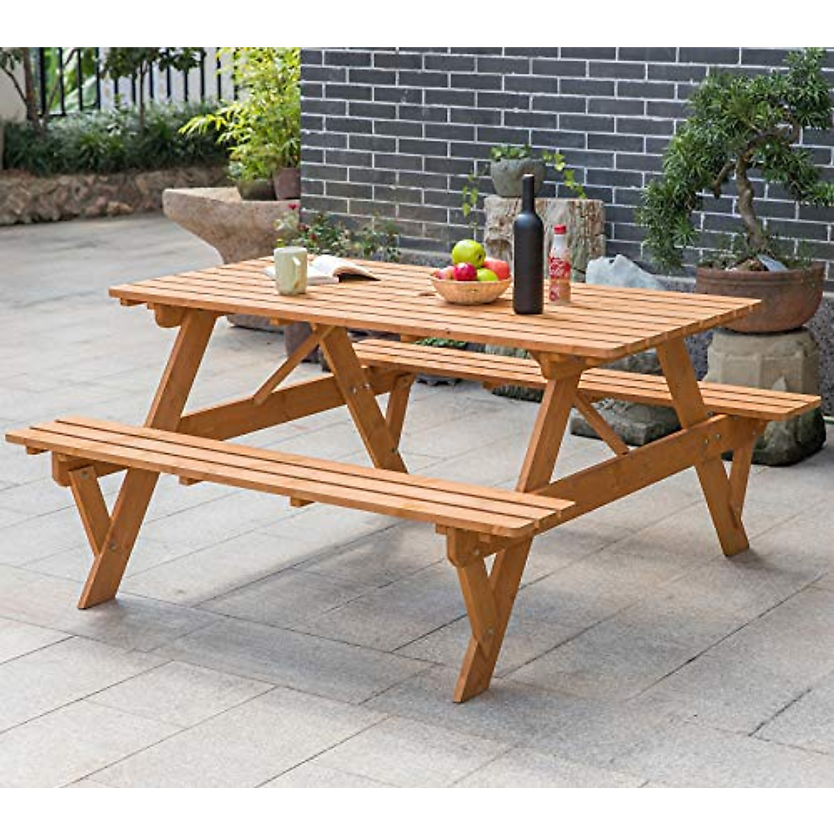 Gardenised, Stained A-Frame Outdoor Patio Deck Garden Picnic Table
