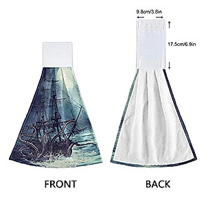 AUUXVA Sea Octopus Kraken Nautical Hanging Hand Towel for Kitchen Bathroom with Loop Absorbent Soft Hang Washcloth Tie Towels Dish Cloth Set of 2