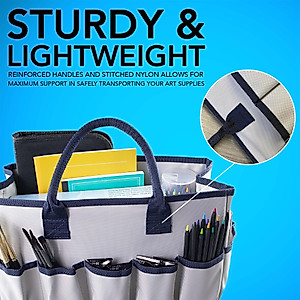 Itoya ProFolio Entourage Tote Bag Organizer with 12 Pockets - Gray Craft Organizer and Art Supply Case with Navy Handles - Art Bag and Craft Storage Organizer - Art Caddy Sewing Organizer and Storage