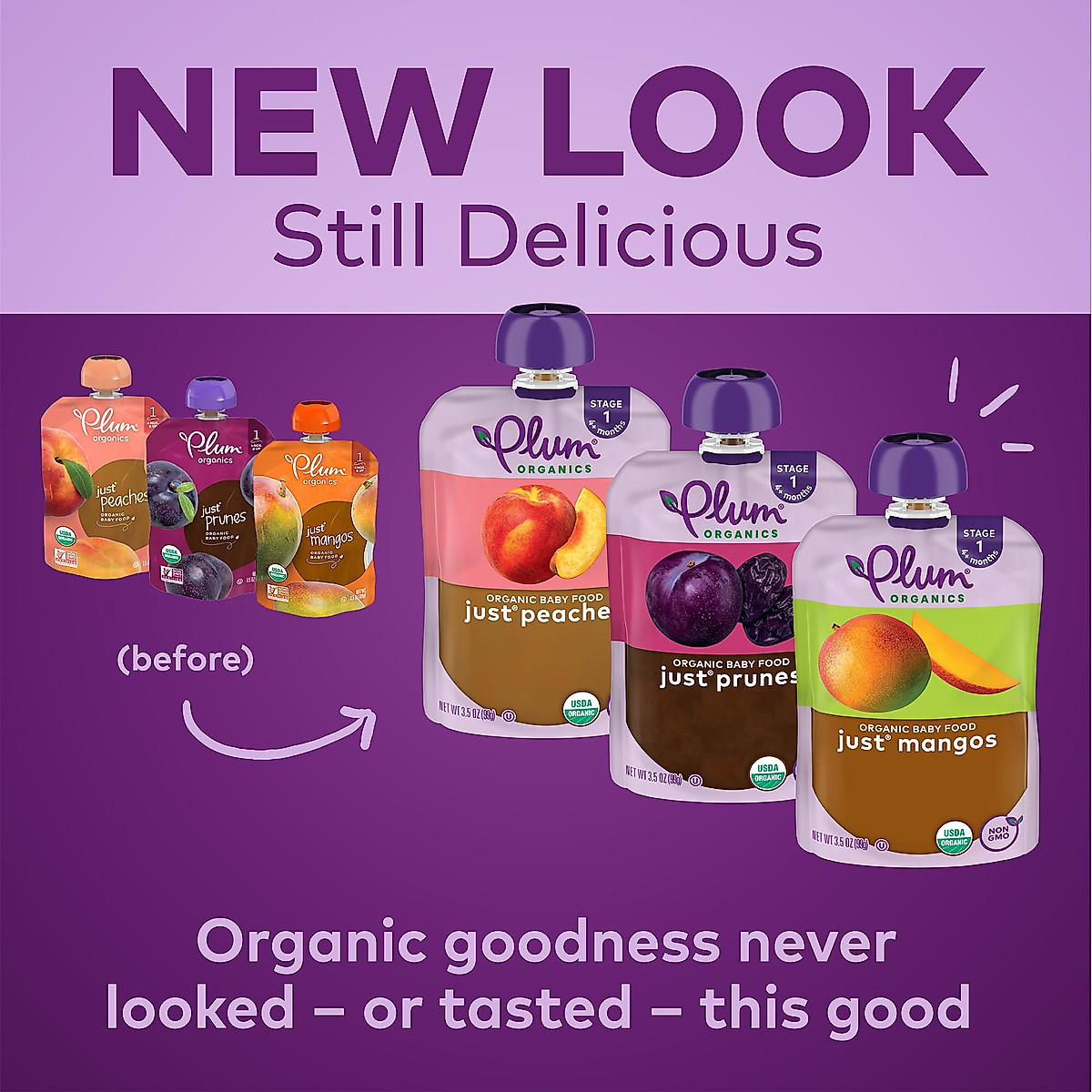 Plum Organics Stage 1 Organic Baby Food - Just Mangos, Just Prunes, and Just Peaches Variety Pack - 3.5 oz Pouch (Pack of 18)