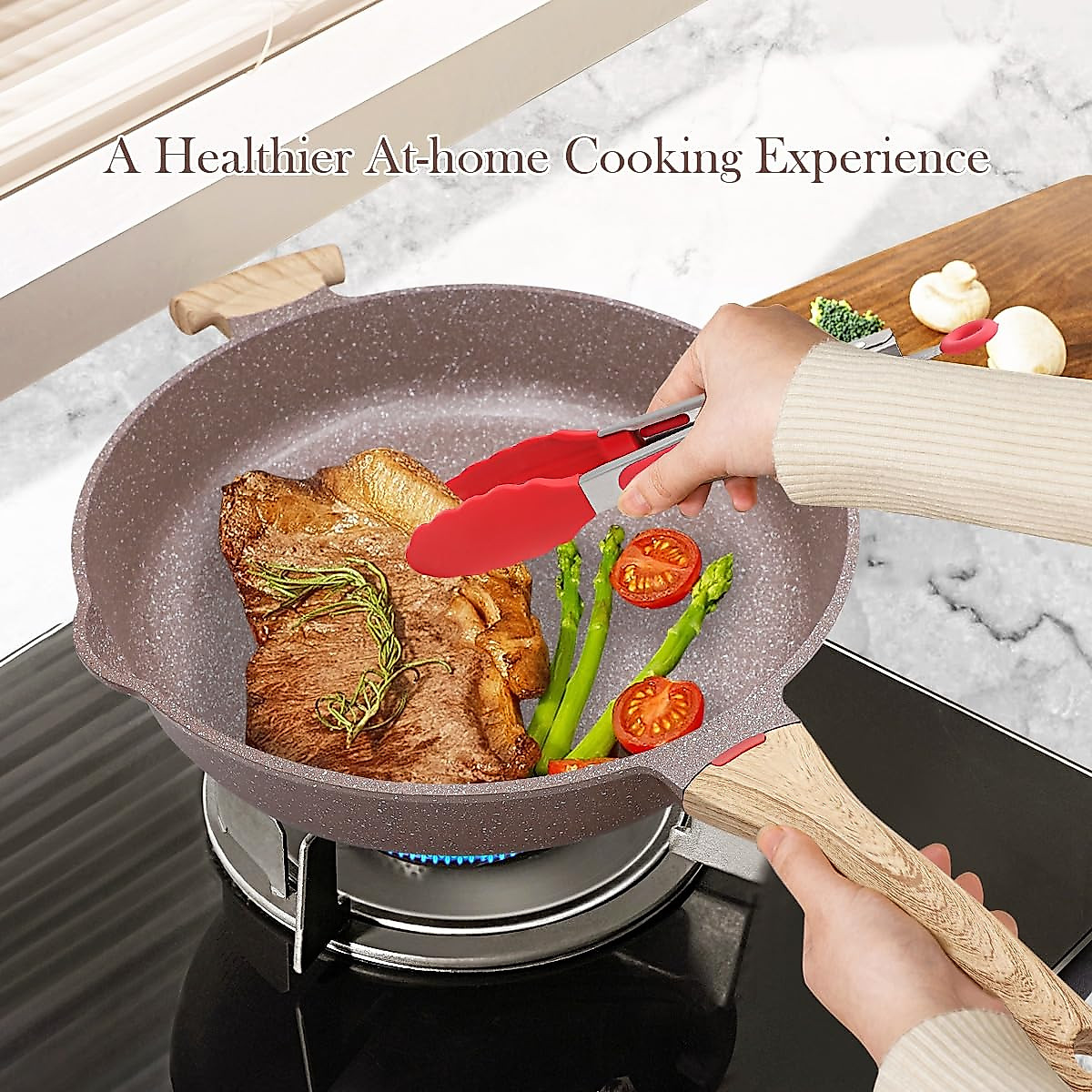 AIKENBBKK 2-In-1 Ceramic Nonstick Deep Frying Pan Skillet, 12.5 Inch Saute Pan with Lid Non Toxic, PTFE & PFOA Free, Compatible with All Stovetops- Brown