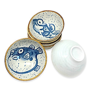 TJ Global Set of 6 Traditional Japanese Pottery Ceramic Bowls with Different Fish Designs for Rice, Salad, Soup, Cereal, Snacks, Ice Cream - 10 Fluid Ounce Capacity