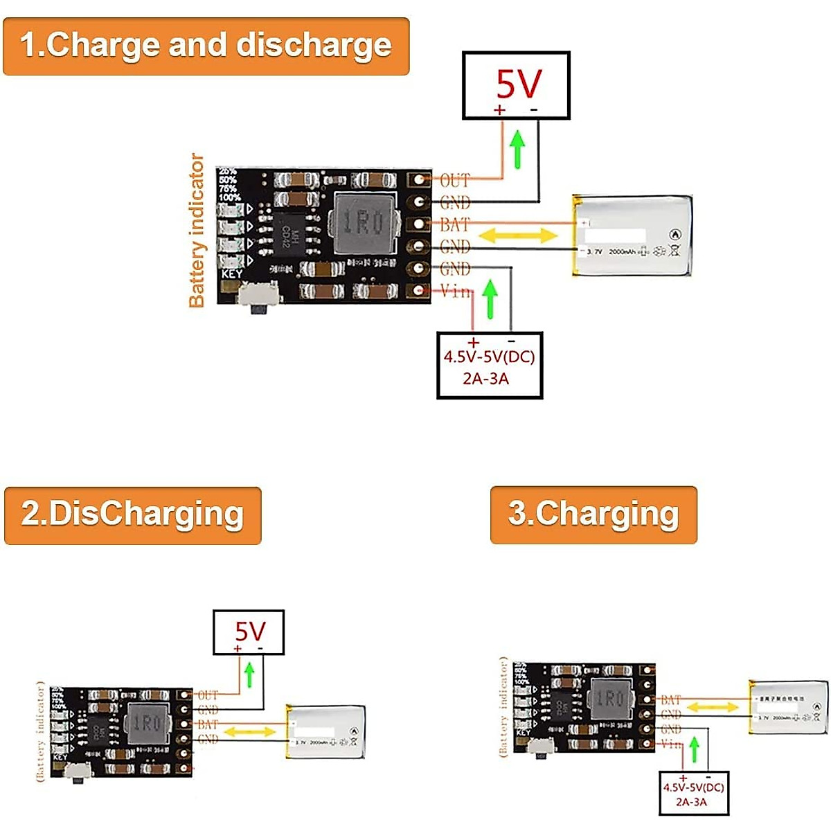 Discharge Integrated Charging Protection Module :6pcs 2A 5V Module 3.7V 4.2V for 186 50 Lithium Battery Charging Boost Mobile Power Protection PCB Board